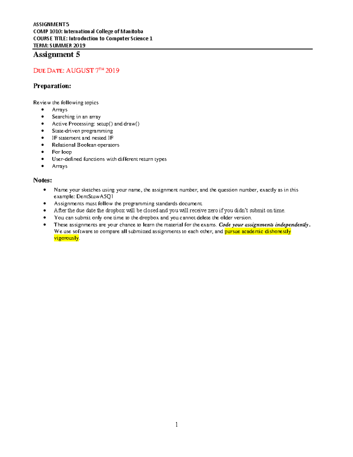 COMP1010 A5 Summer 2019 - COMP 1010: International College of Manitoba COURSE TITLE ...