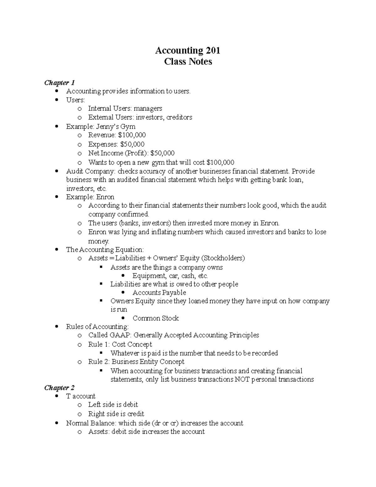 Accounting 201 Notes - Accounting 201 Class Notes Chapter 1 Accounting ...