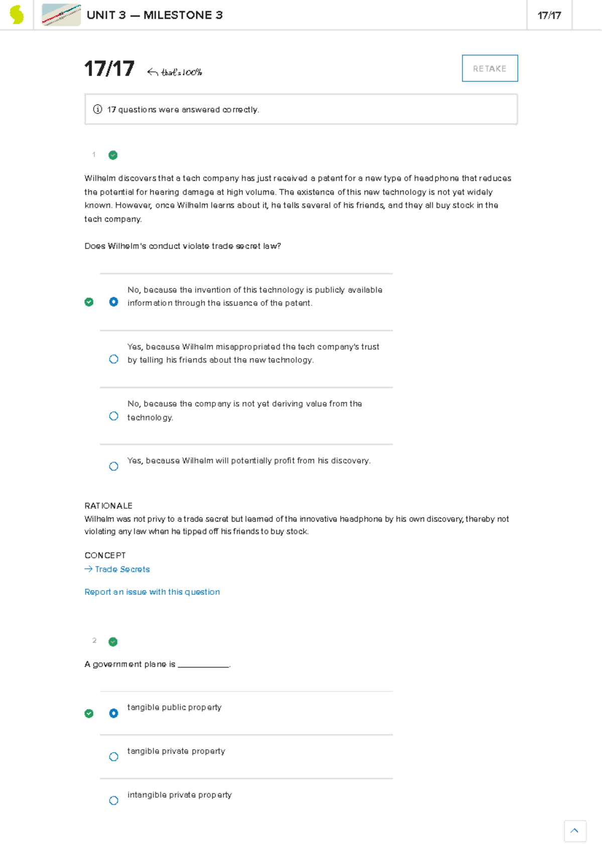 Business Law Milestone 3 - 1 CONCEPT → Trade Secrets 2 17/17 that's 100 ...