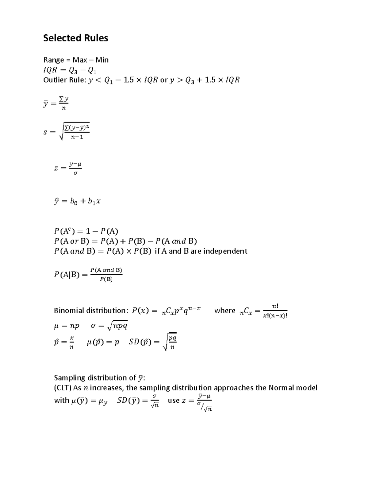 Formula sheets and tables - Selected Rules Range = Max – Min 끫롸끫롸끫롸 ...