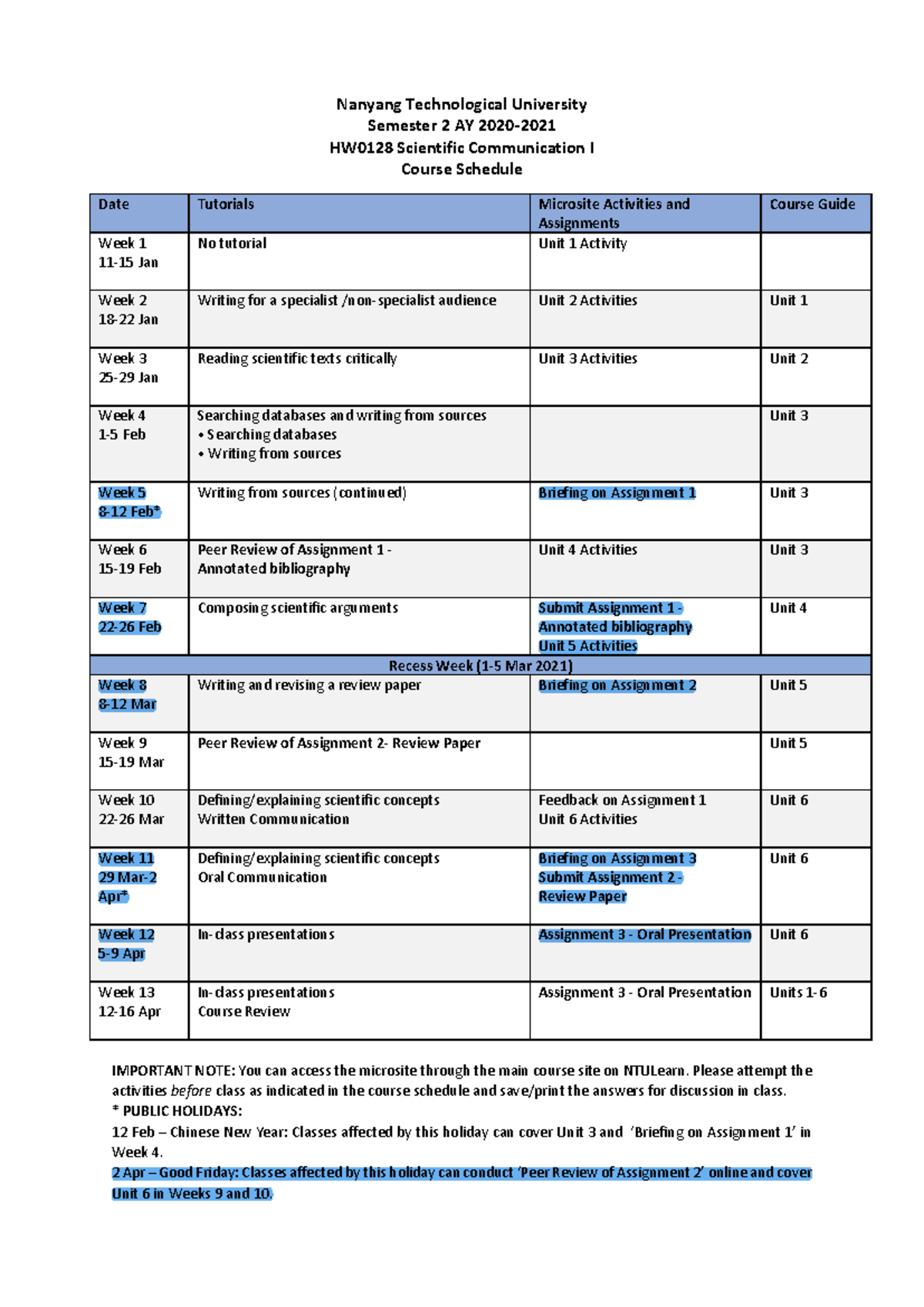 HW0128 Course Schedule AY20-21 Sem 2 - Nanyang Technological University ...