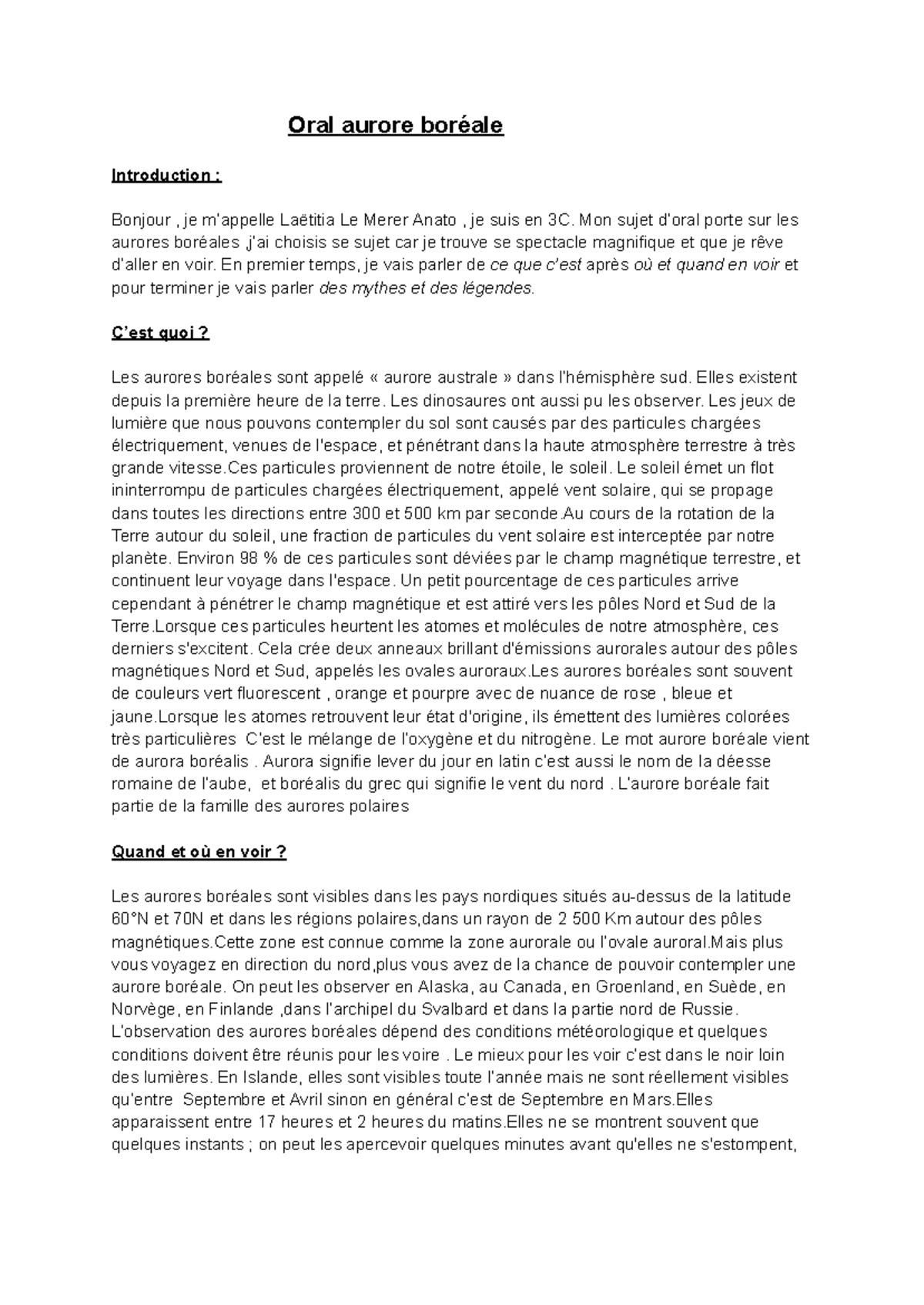 Oral aurore boréale - Oral brevet - Oral aurore boréale Introduction ...