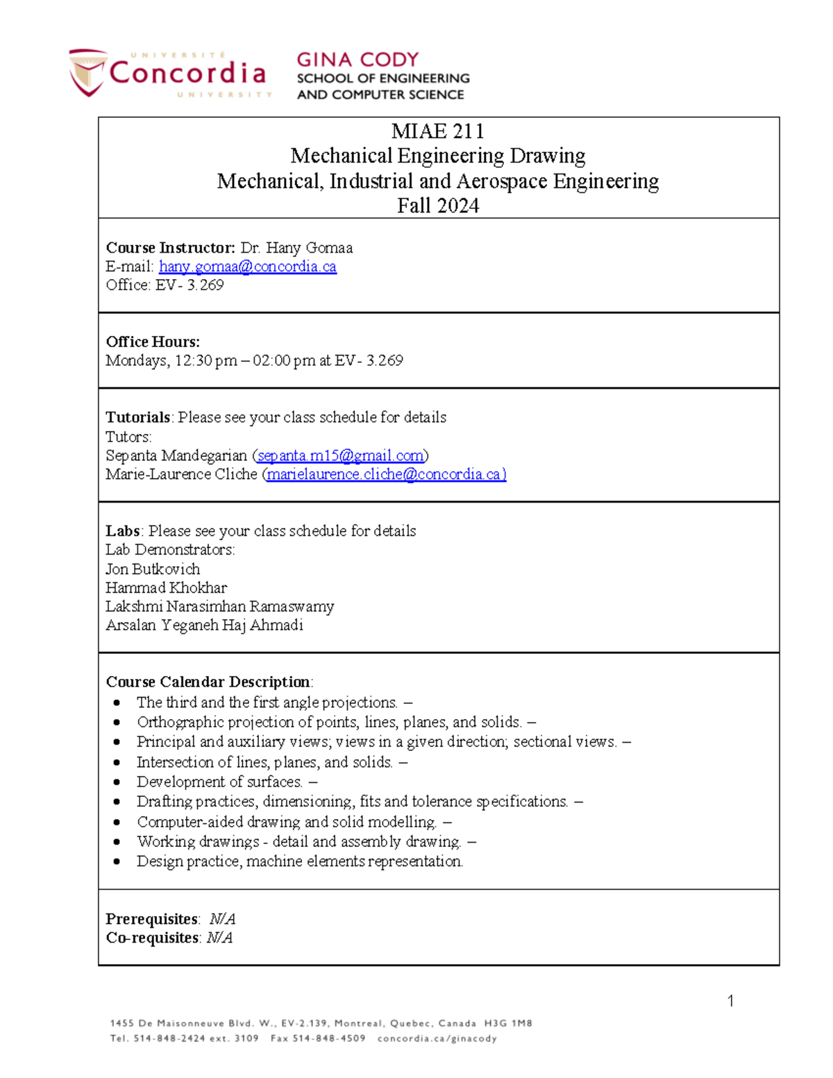 MIAE 211 Course Outline Fall 2024 - F - MIAE 211 Mechanical Engineering Drawing Mechanical ...