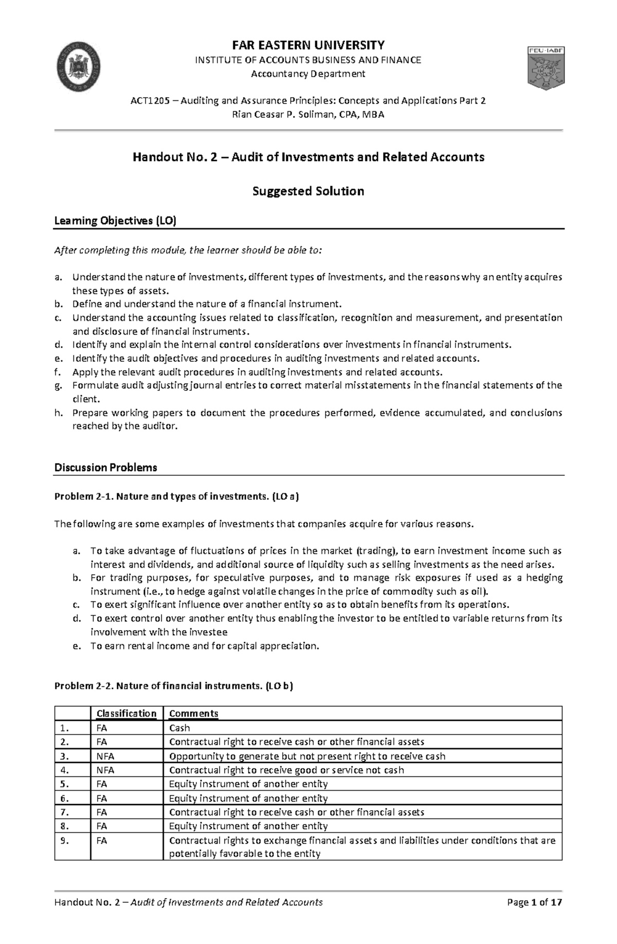 Handout No. 2 - Suggested Solution with corrections - INSTITUTE OF ...