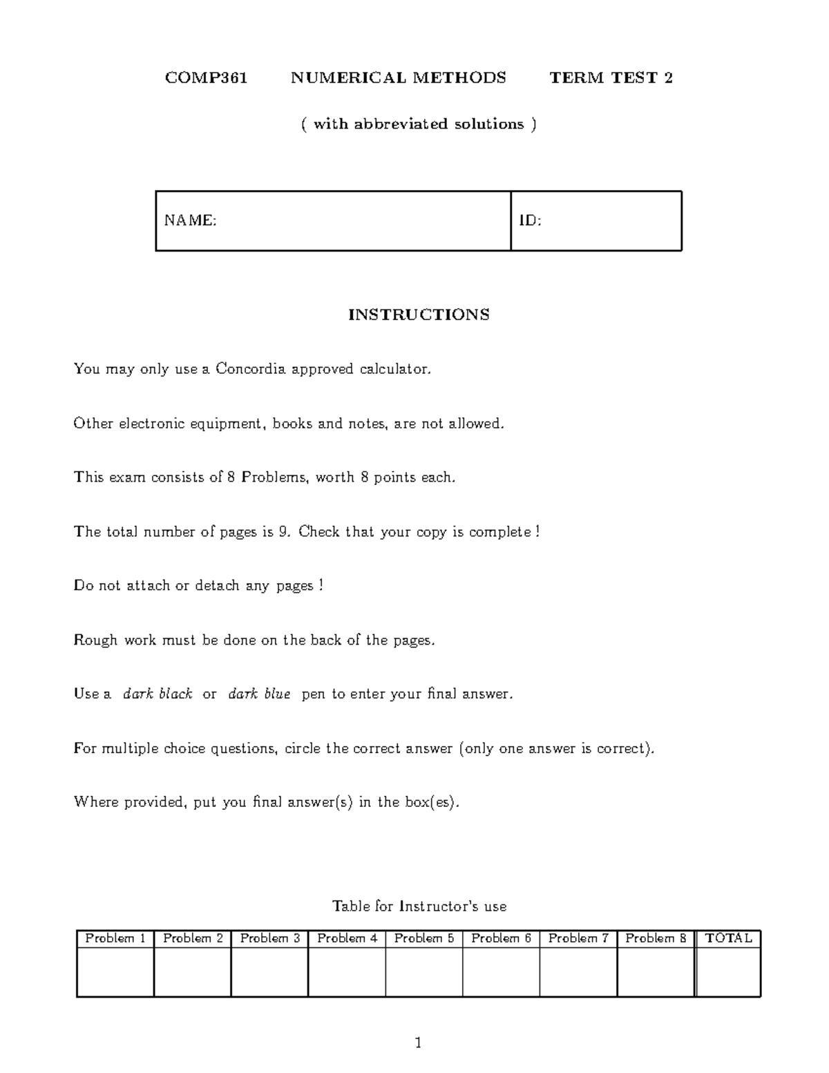 TT2 solutions - COMP361 NUMERICAL METHODS TERM TEST 2 ( with ...