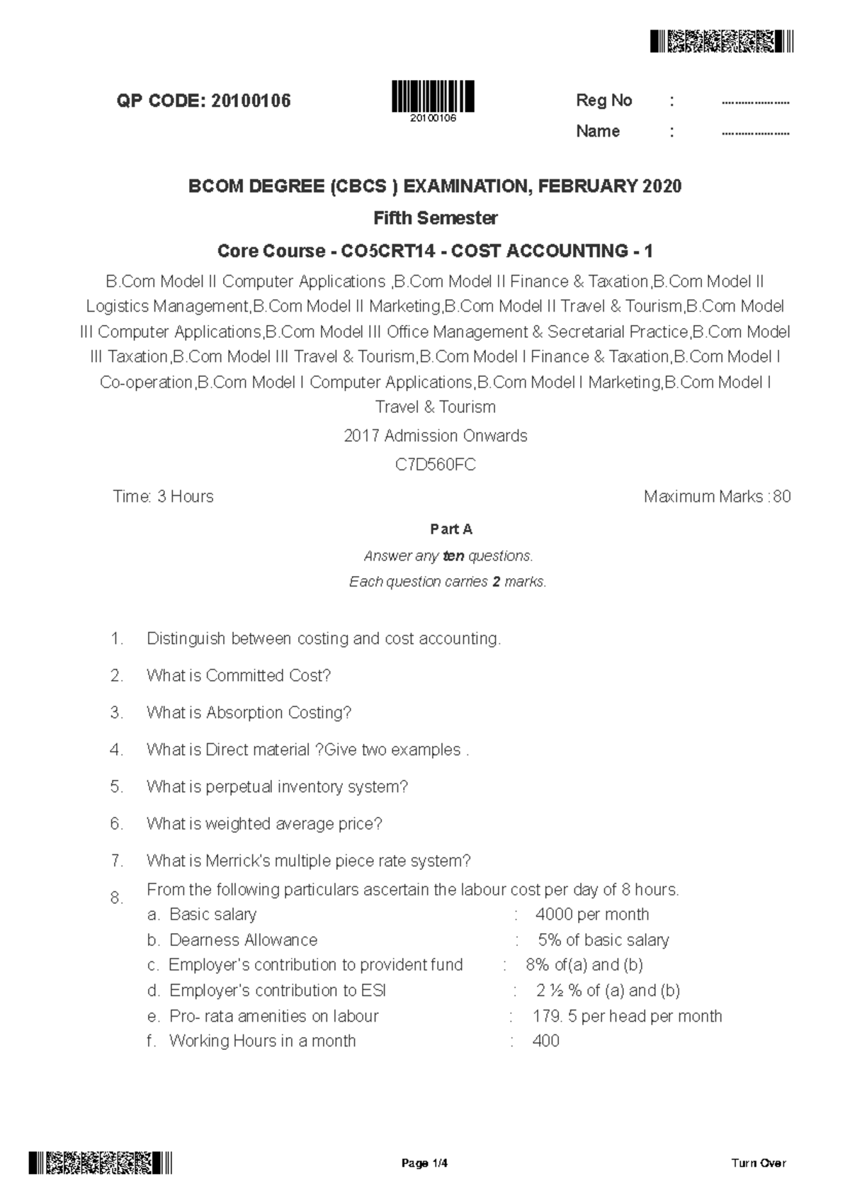 PREVIOUS QUESTION PAPER - QP CODE: 20100106 Reg No ...