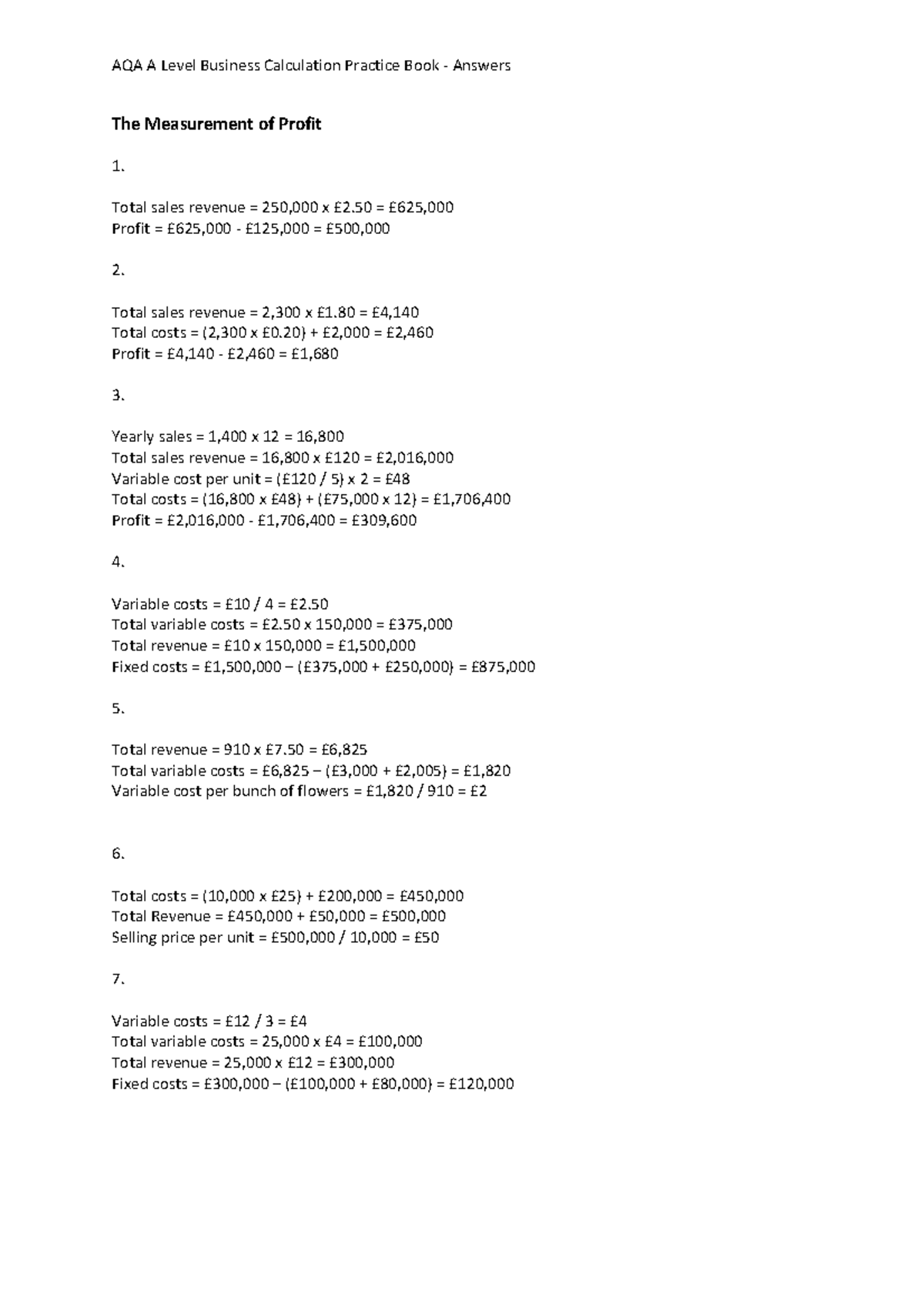 AQA Calculation Practice Book Answers - The Measurement of Profit 1 ...