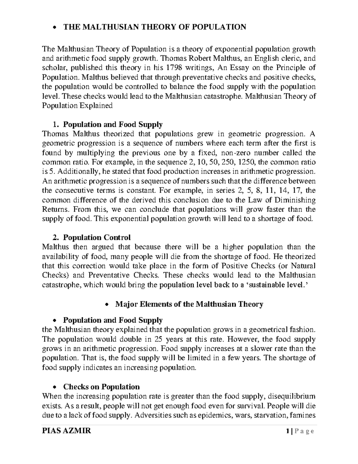 THE Malthusian Theory OF Population - • THE MALTHUSIAN THEORY OF ...