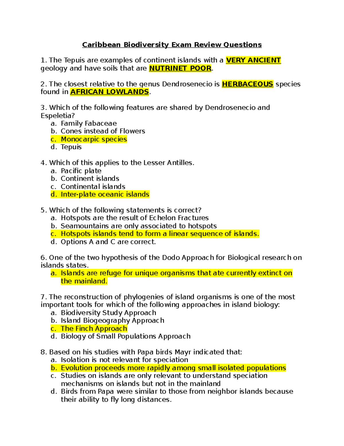 Caribbean Biodiversity Clicker/Exam Questions - Caribbean Biodiversity ...