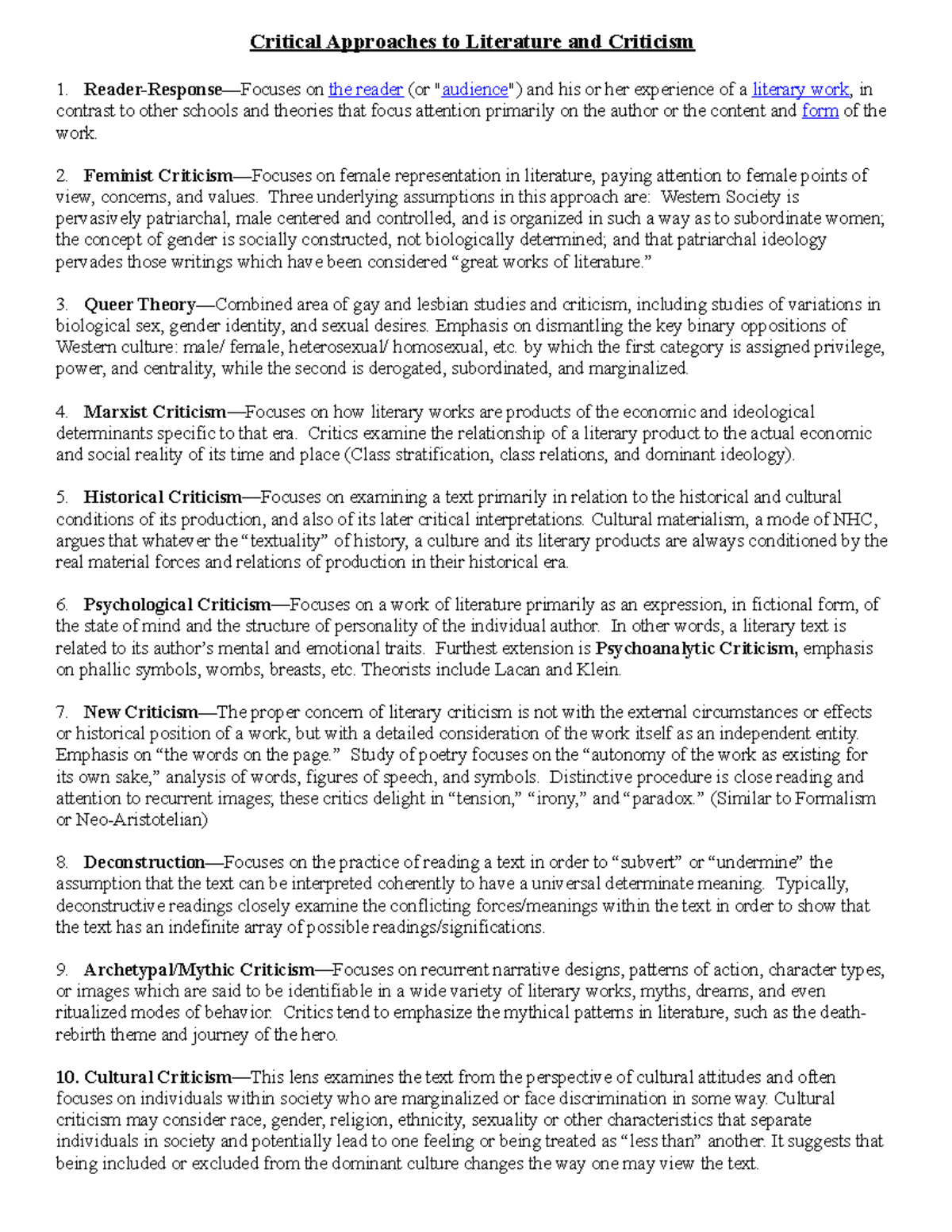 Critical Lenses - Theories - Critical Approaches to Literature and ...