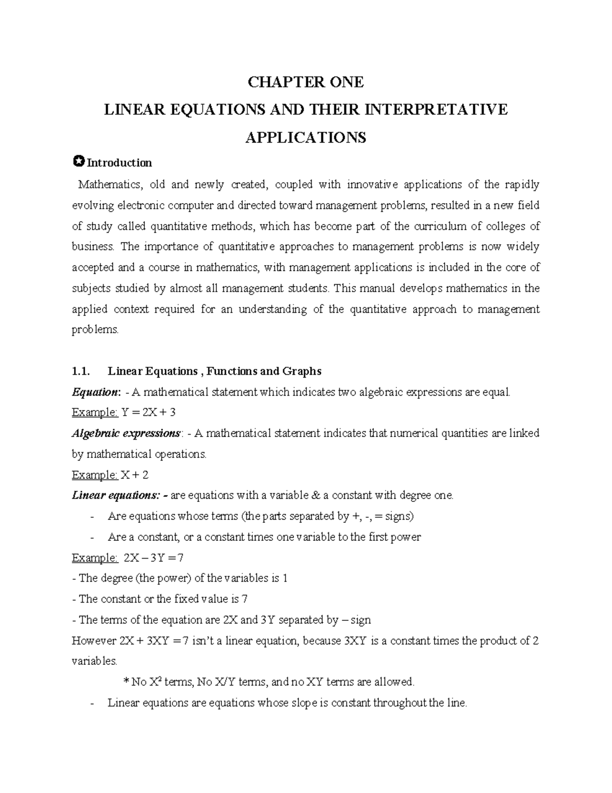 Maths Mgt Ch-1 - CHAPTER ONE LINEAR EQUATIONS AND THEIR INTERPRETATIVE APPLICATIONS Introduction ...