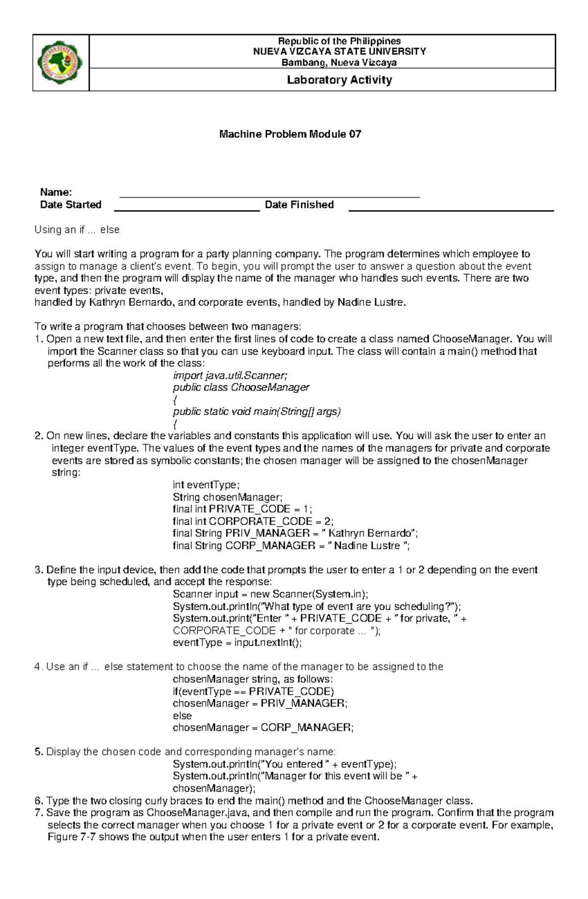 Machine Problem Module 07 - Republic of the Philippines NUEVA VIZCAYA ...