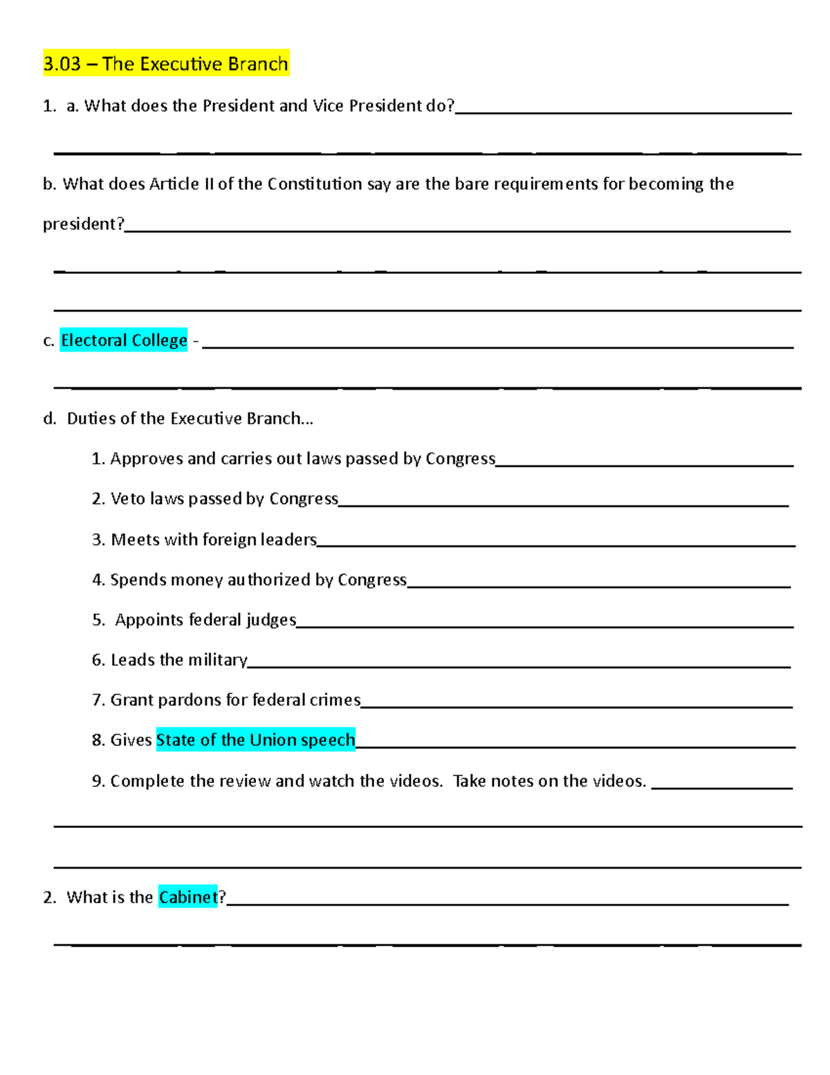 303Notetaking Guide - Notes - 3 – The Executive Branch a. What does the ...