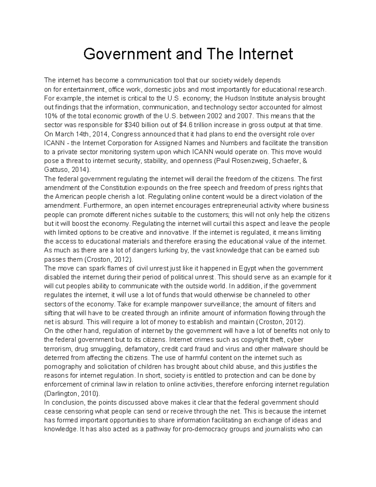 Government and The Internet - For example, the internet is critical to ...