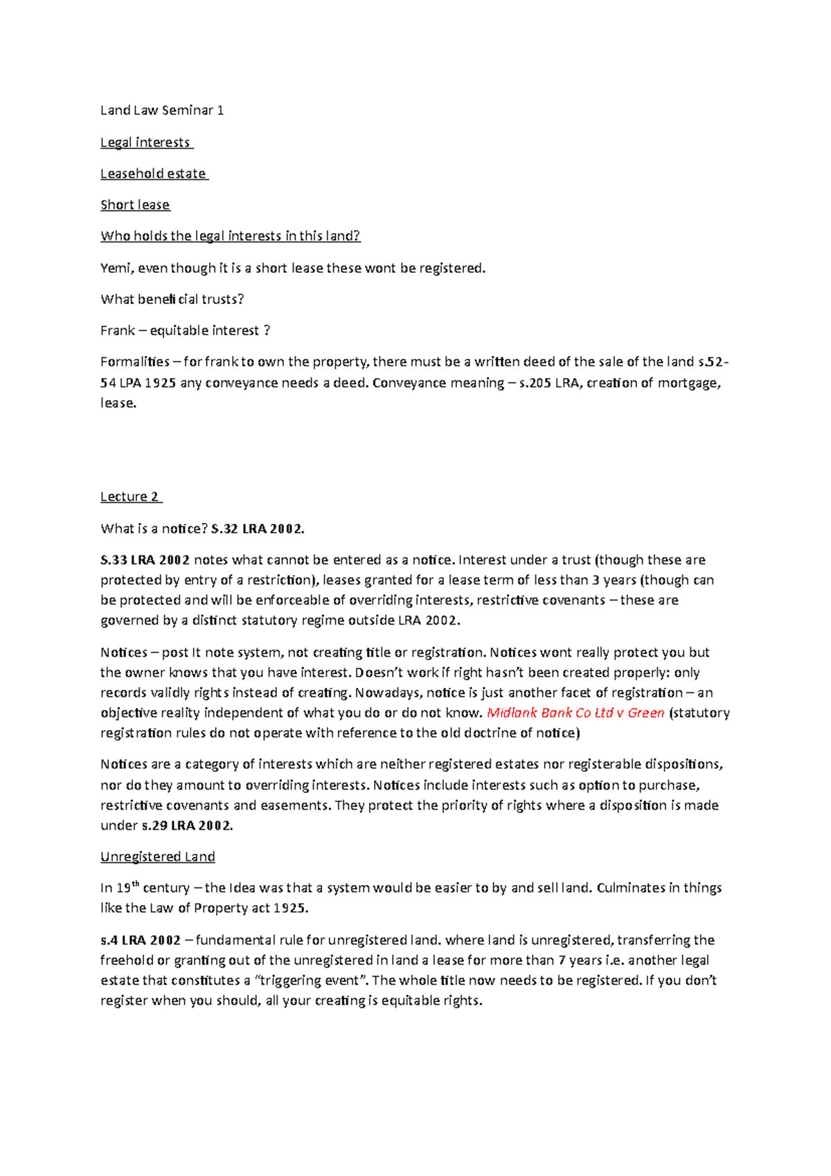 Land Law Week 2 - notices, actual occupation Lecture Notes - Land Law ...