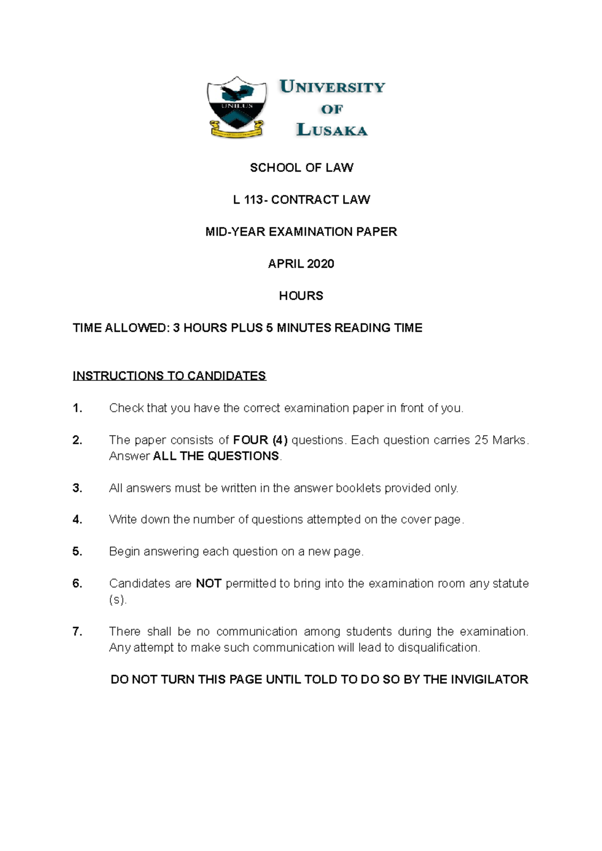 Law of CONTRACT 1 MID Semiter exam paper 2020.docx - SCHOOL OF LAW L ...