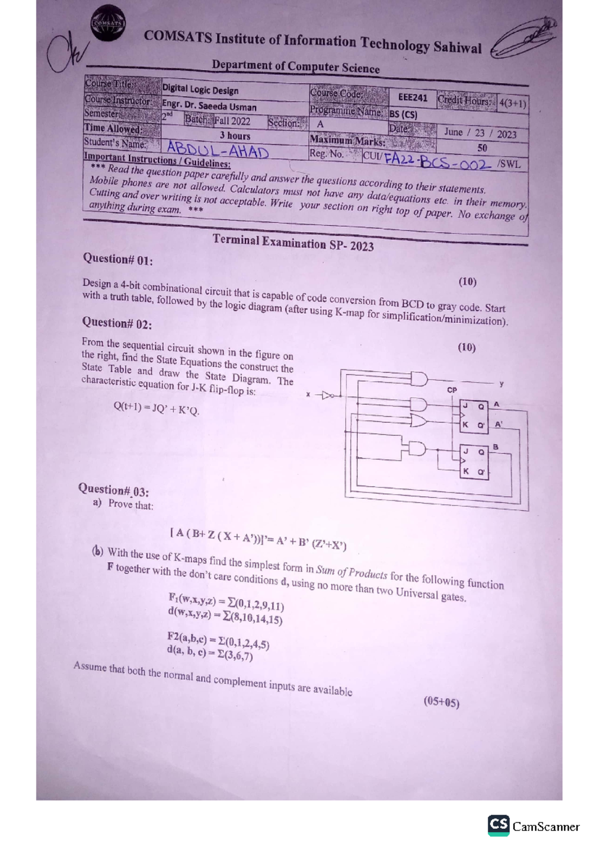 DLD - Terminal FA22 - EEE241 - Digital Logic Design - CamScanner CamScanner - Studocu