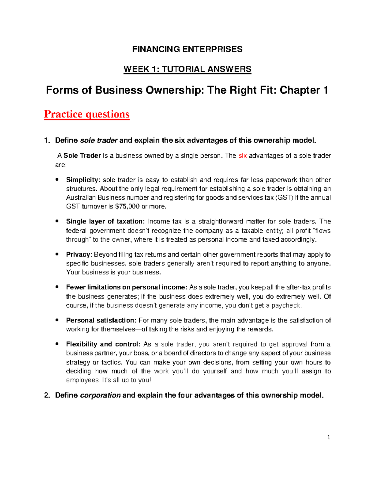 Week 1 - tutorial answer - FINANCING ENTERPRISES WEEK 1: TUTORIAL ANSWERS Forms of Business ...