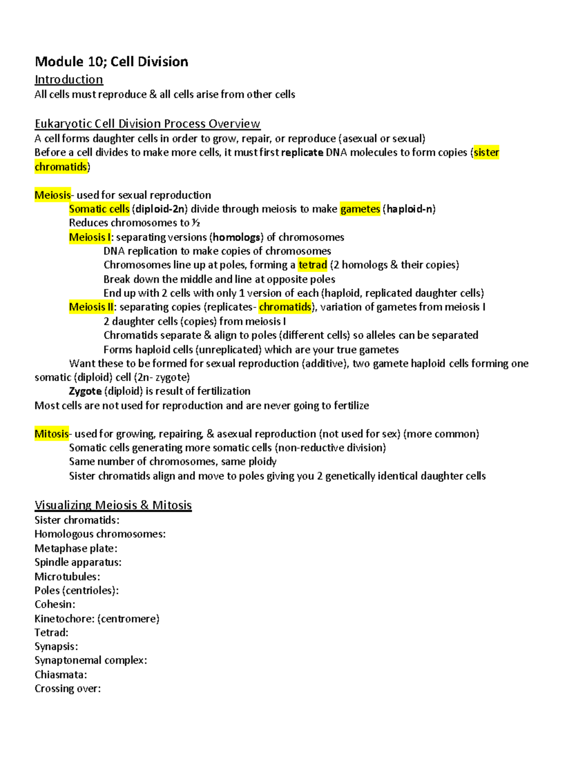 Module 10 Notes- Cell Division - Module 10; Cell Division Introduction ...