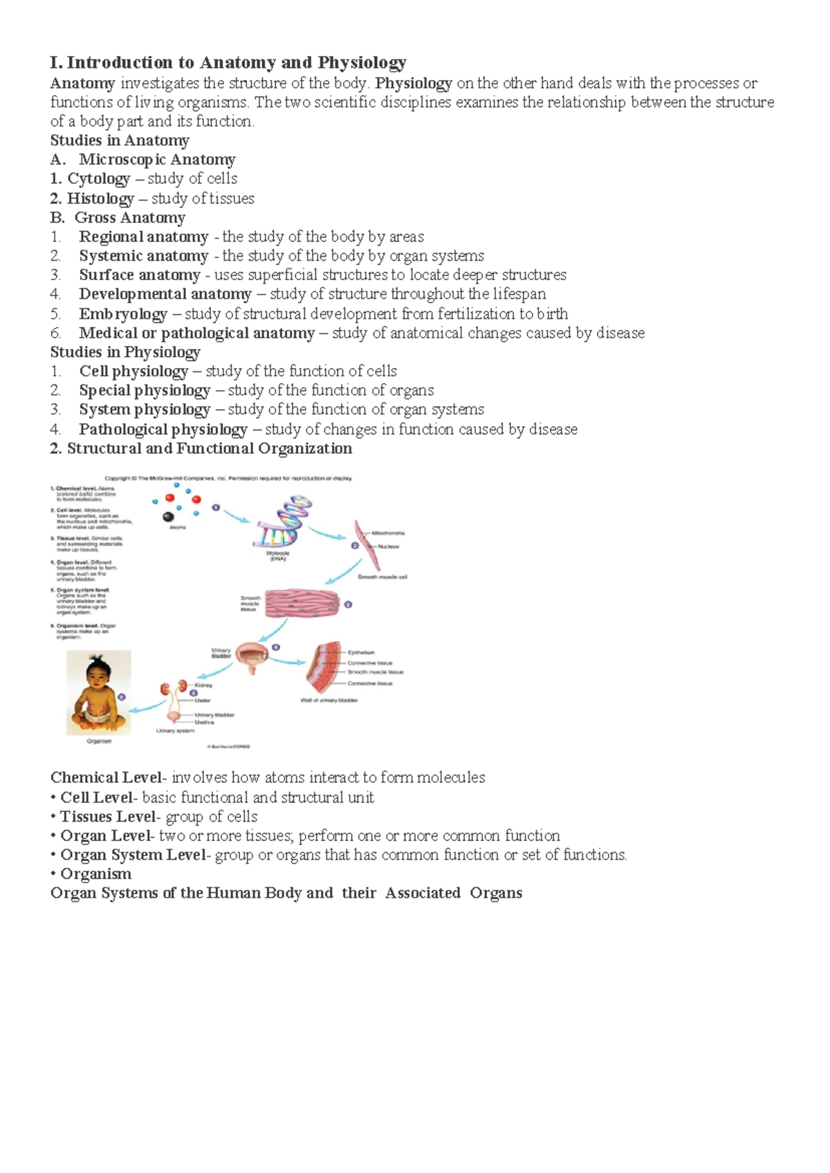 Chapter 1 and 2 - N/A - I. Introduction to Anatomy and Physiology ...