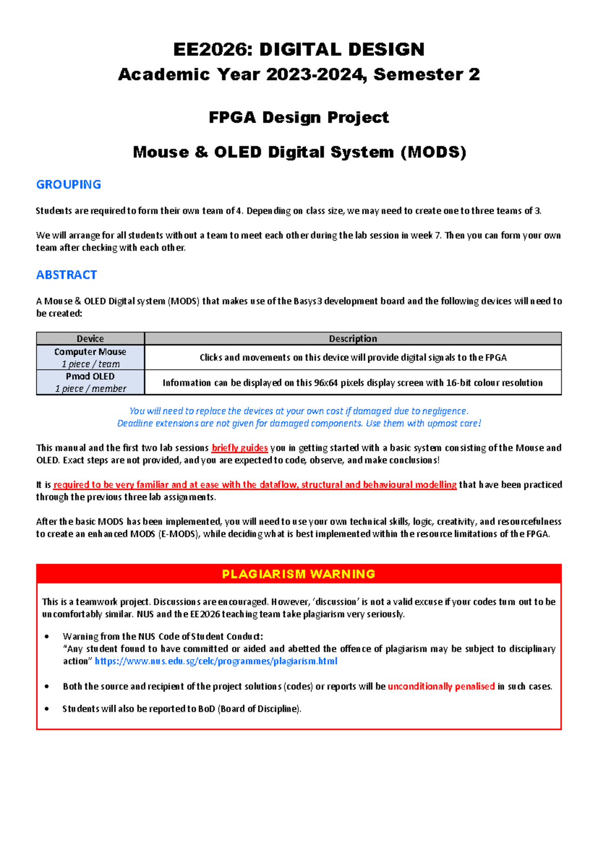 EE2026 - Project Manual-2 - EE2026: DIGITAL DESIGN Academic Year 20 23 ...