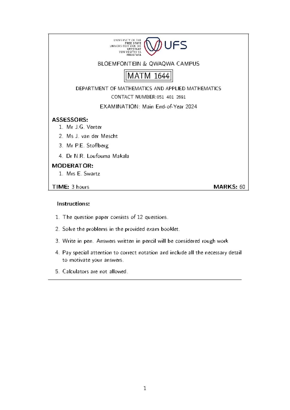 2024 MATM1644 Main Exam & Memo - BLOEMFONTEIN & QWAQWA CAMPUS MATM 1644 ...