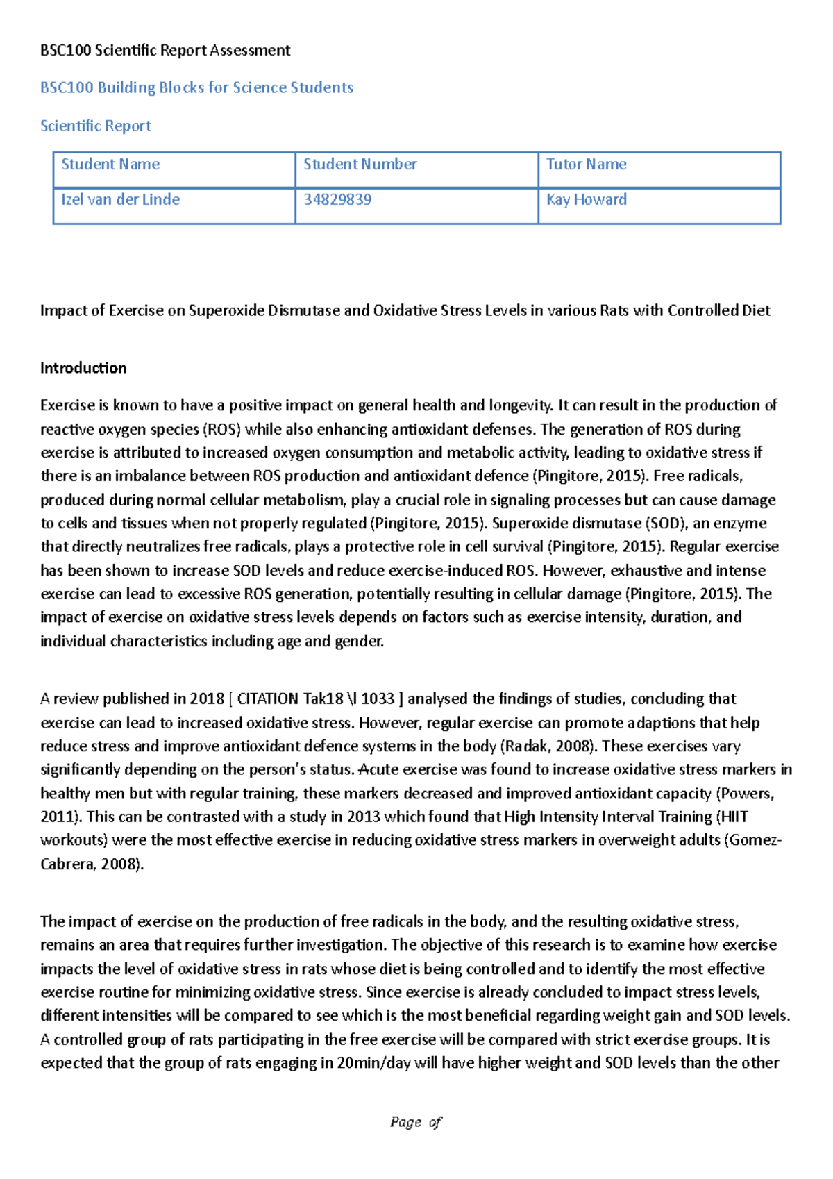 Vander Linde Report B - hasn't been marked yet - BSC100 - Murdoch - Studocu