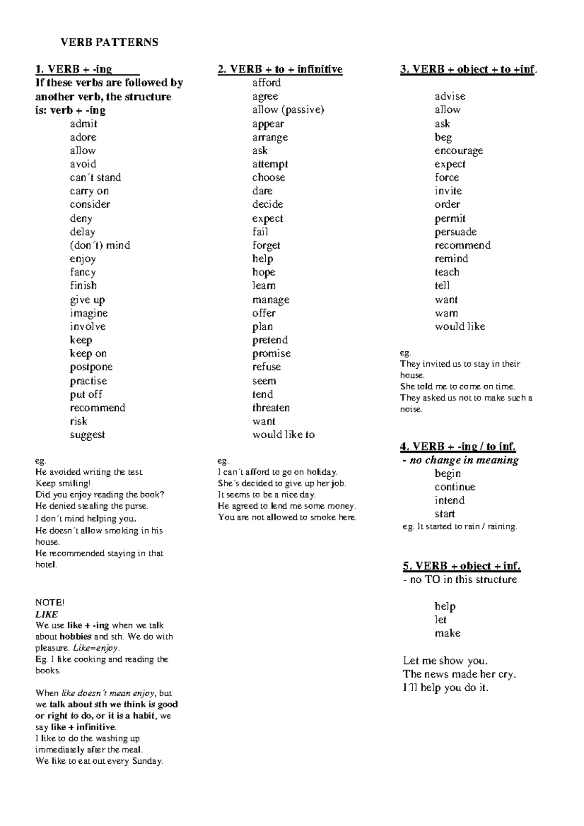 VERB Patterns tables - INGLÉS - VERB PATTERNS 1. VERB + -ing If these ...