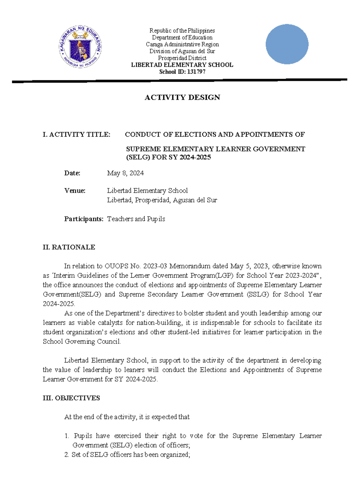 Activity Design SELG - Republic of the Philippines Department of ...