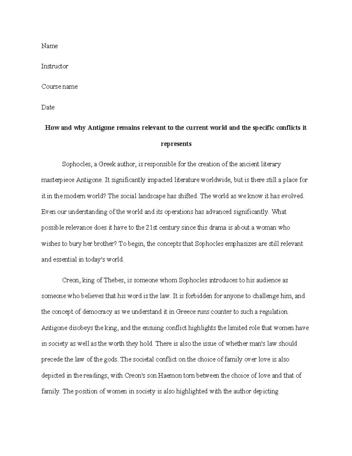 Antigone - essay - Name Instructor Course name Date How and why ...