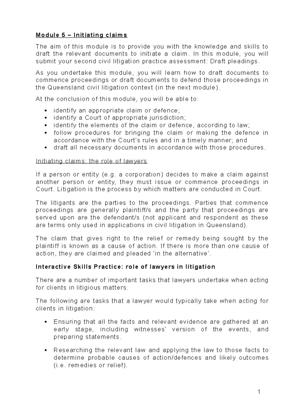 Module 5 - Initiating claims - Module 5 – Initiating claims The aim of ...