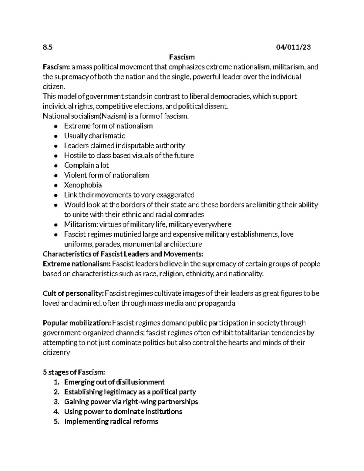 History Notes Unit 7 8 - WWII - 8 04/011/ Fascism Fascism: a mass ...