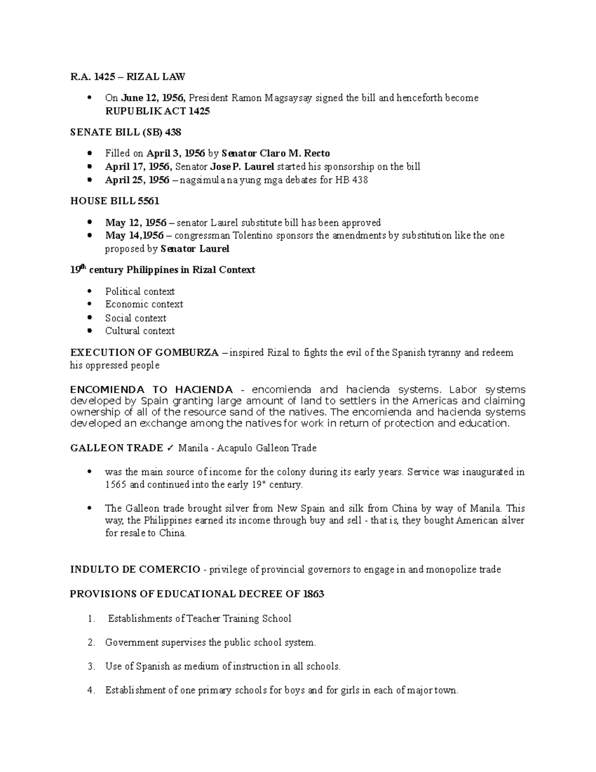 Reviewer - R. 1425 – RIZAL LAW On June 12, 1956, President Ramon ...