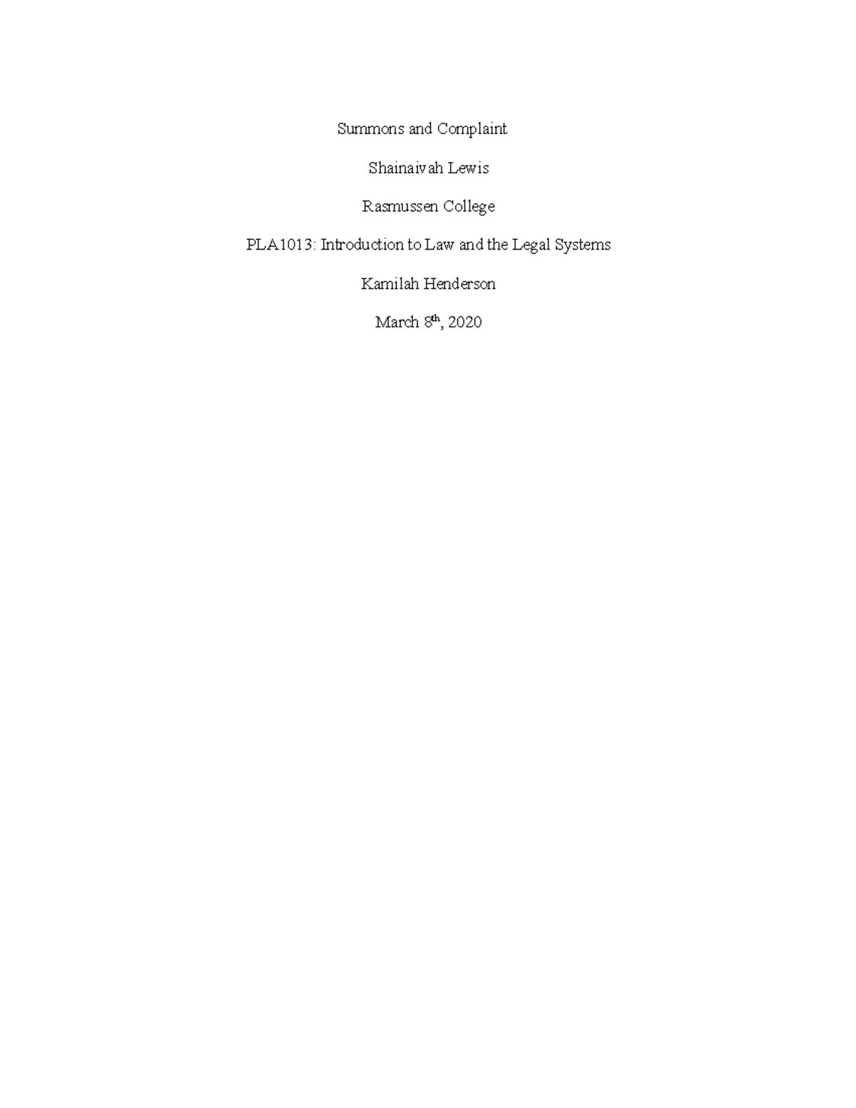 Summons and Complaint - Shainaivah Lewis Rasmussen College PLA1013 ...