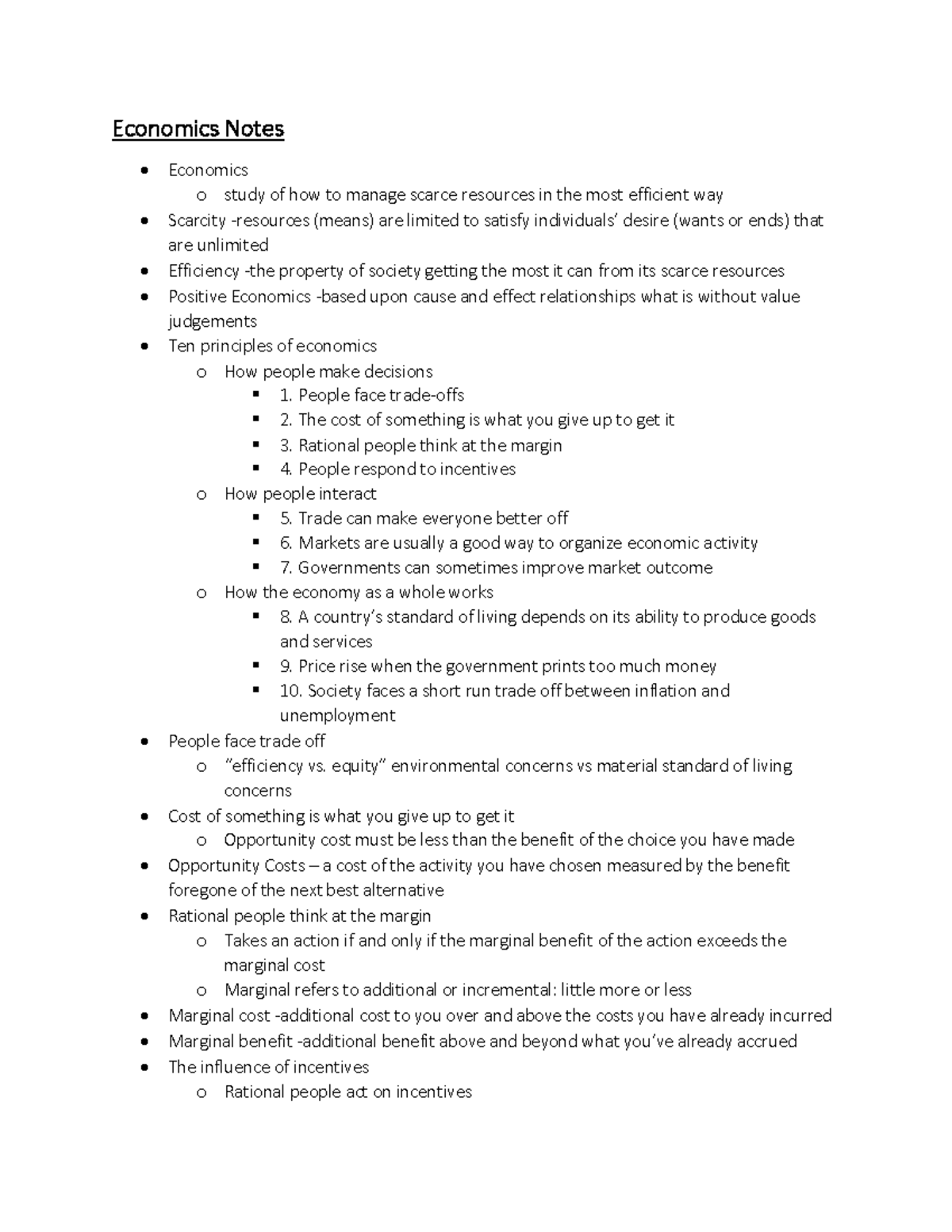 Types notes lecture 1-14 - Economics Notes Economics o study of how to ...