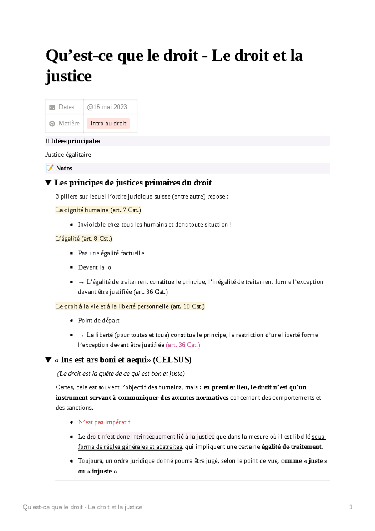 Le droit et la justice - Notes - Qu’est-ce que le droit - Le droit et ...