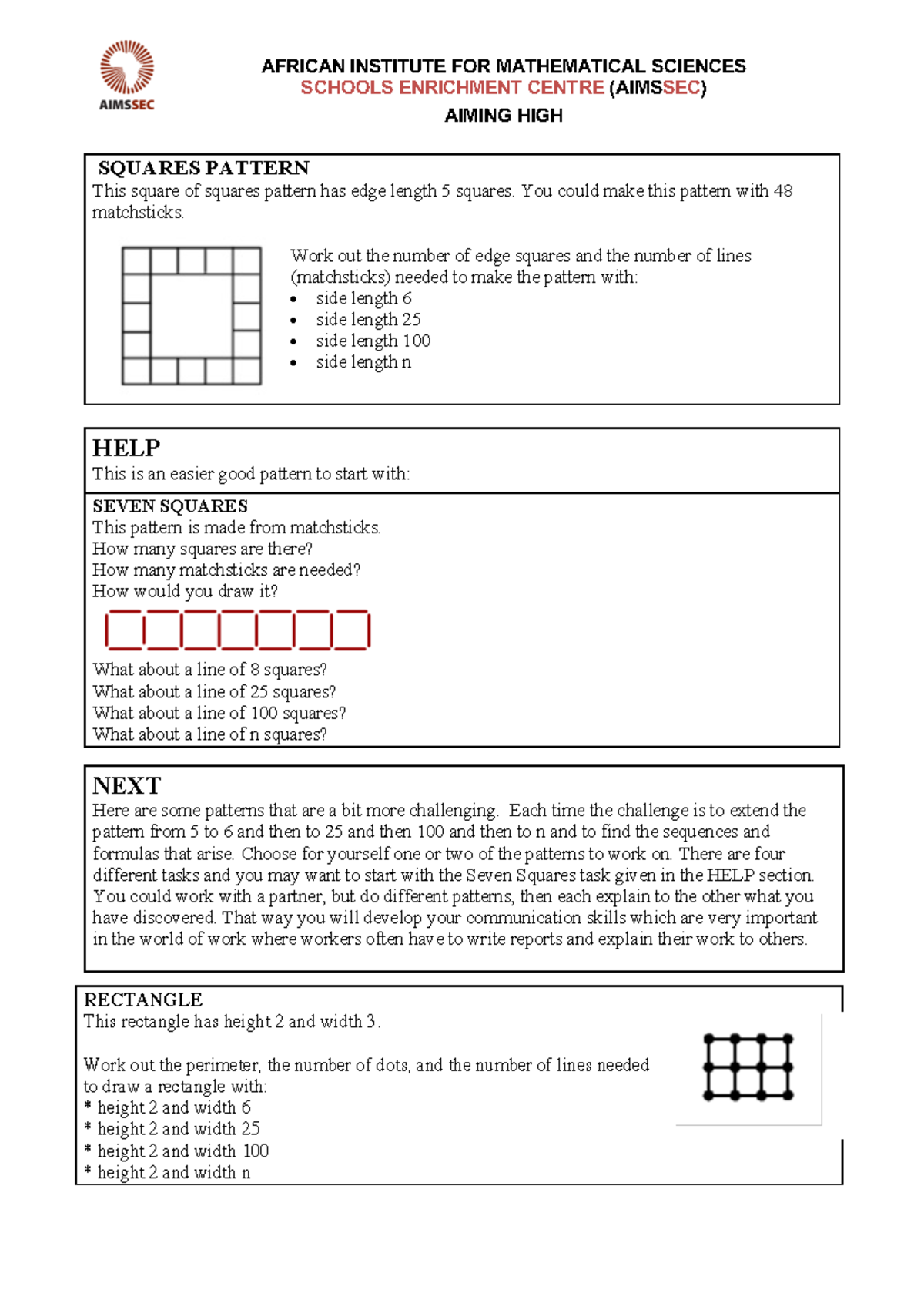 Teacher Notes Squares Pattern - AFRICAN INSTITUTE FOR MATHEMATICAL ...