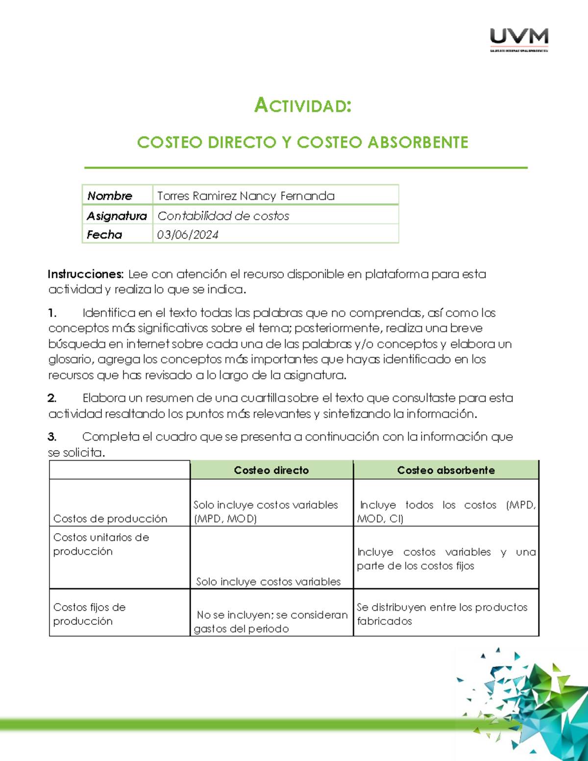 cuadro comparativo - ACTIVIDAD: COSTEO DIRECTO Y COSTEO ABSORBENTE Nombre Torres Ramirez Nancy ...