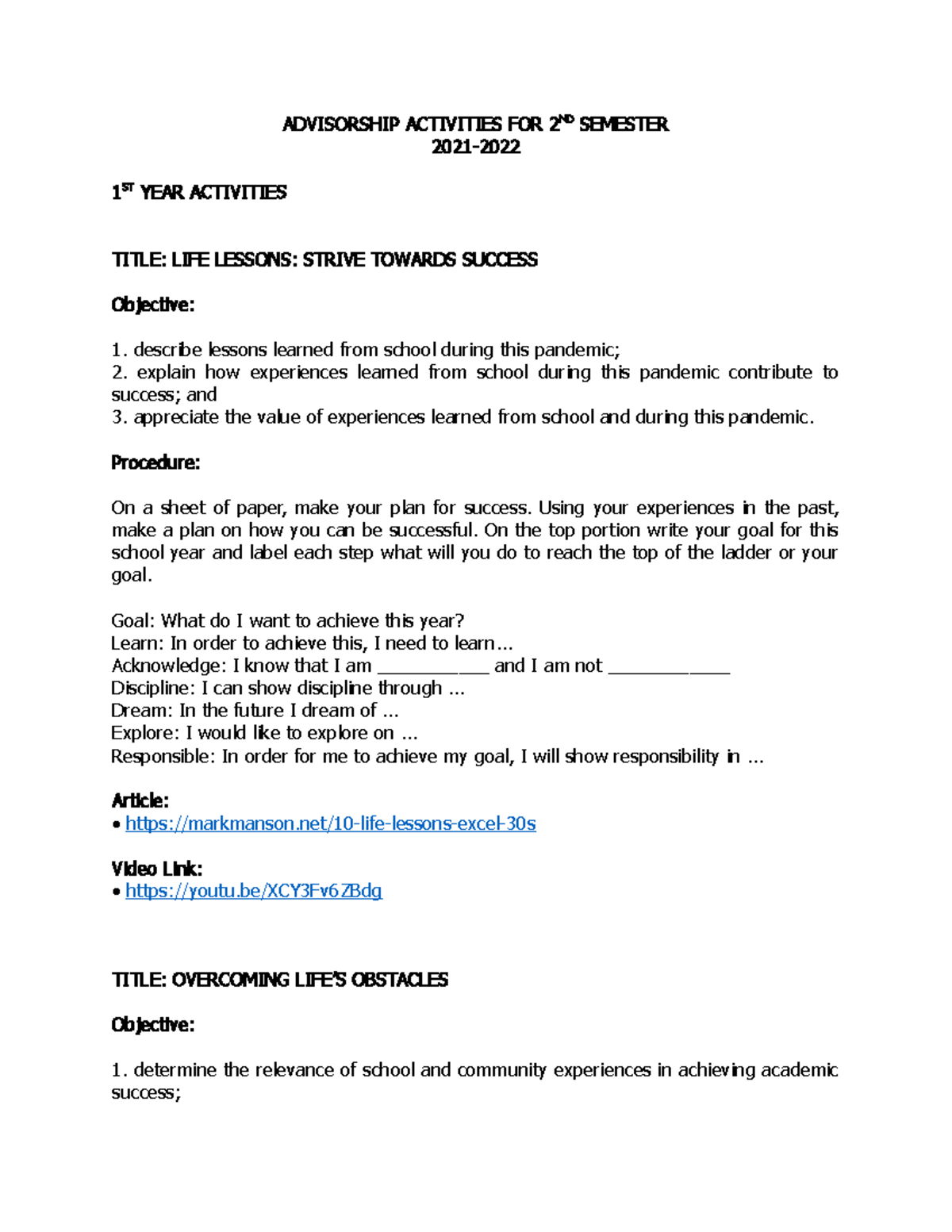 First YEAR Advisorship Activities FOR 2ND Semester - ADVISORSHIP ...