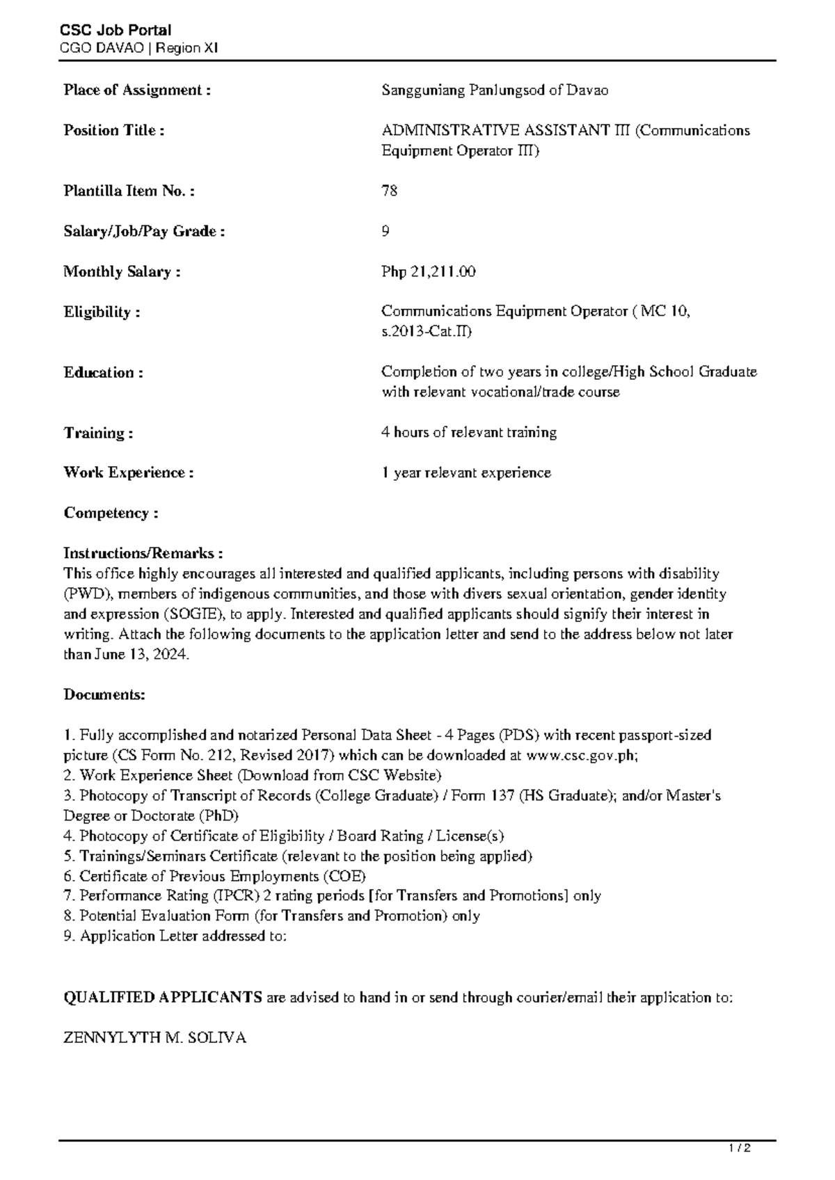 CGO Davao- Administrative Assistant III Communications Equipment ...