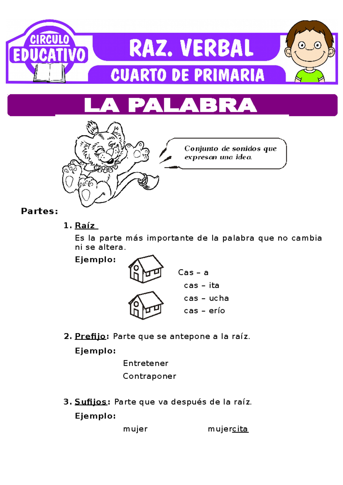La Palabra y sus Partes para Cuarto de Primaria - Partes: 1. Raíz Es la ...