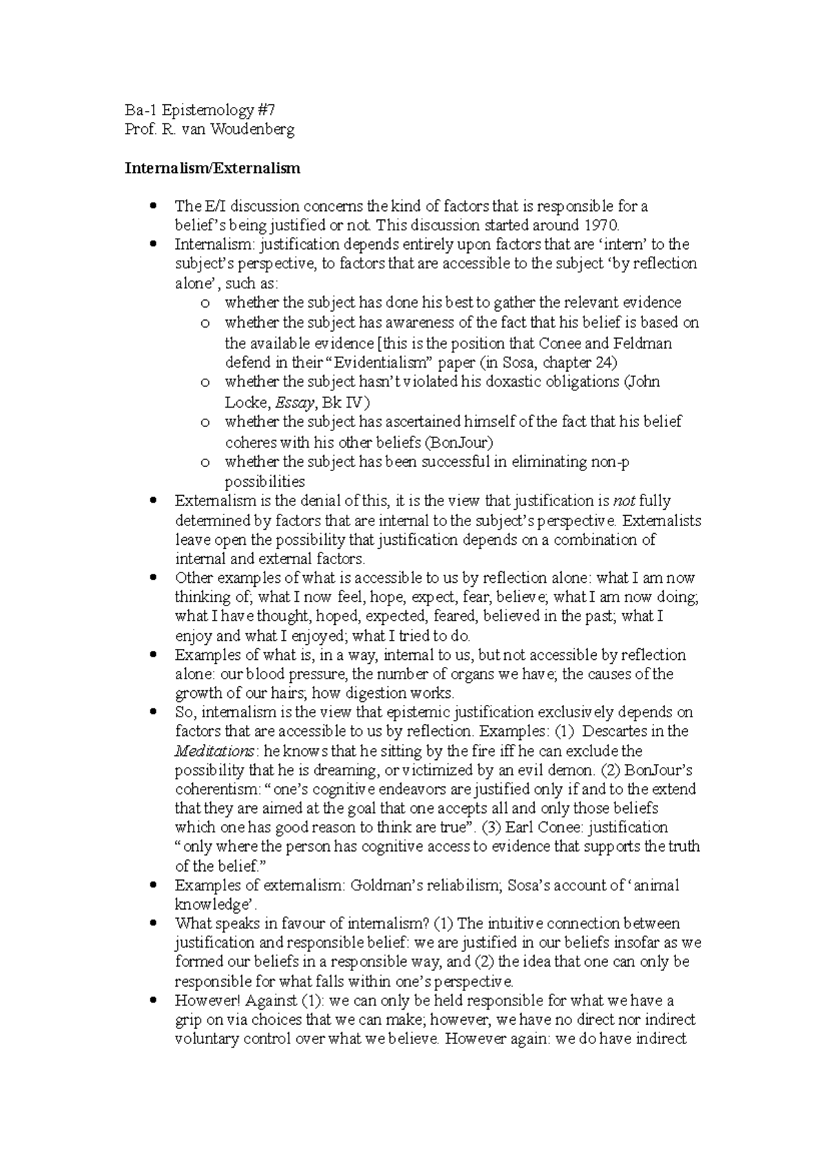 Hand out #7 Internalism and Externalism - Ba-1 Epistemology # Prof. R ...