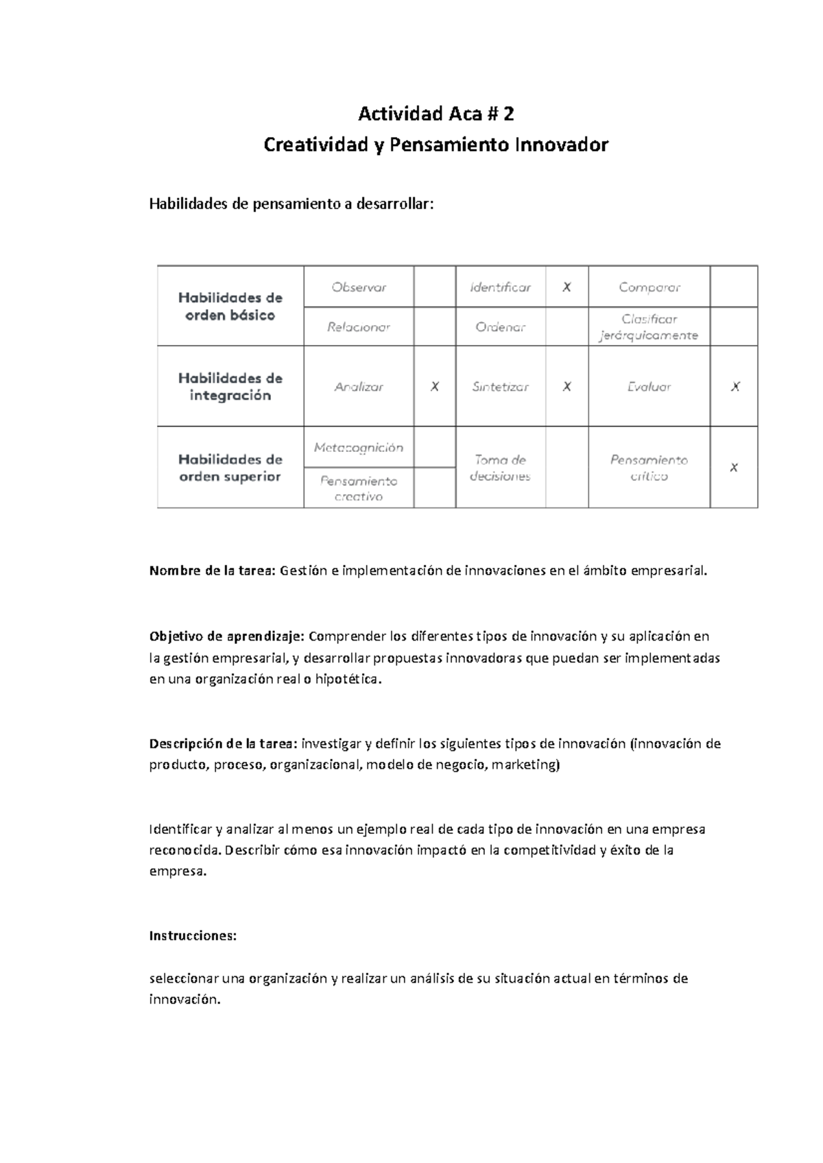 Actividad Aca # 2 - escrito - Actividad Aca # 2 Creatividad y Pensamiento Innovador Habilidades ...