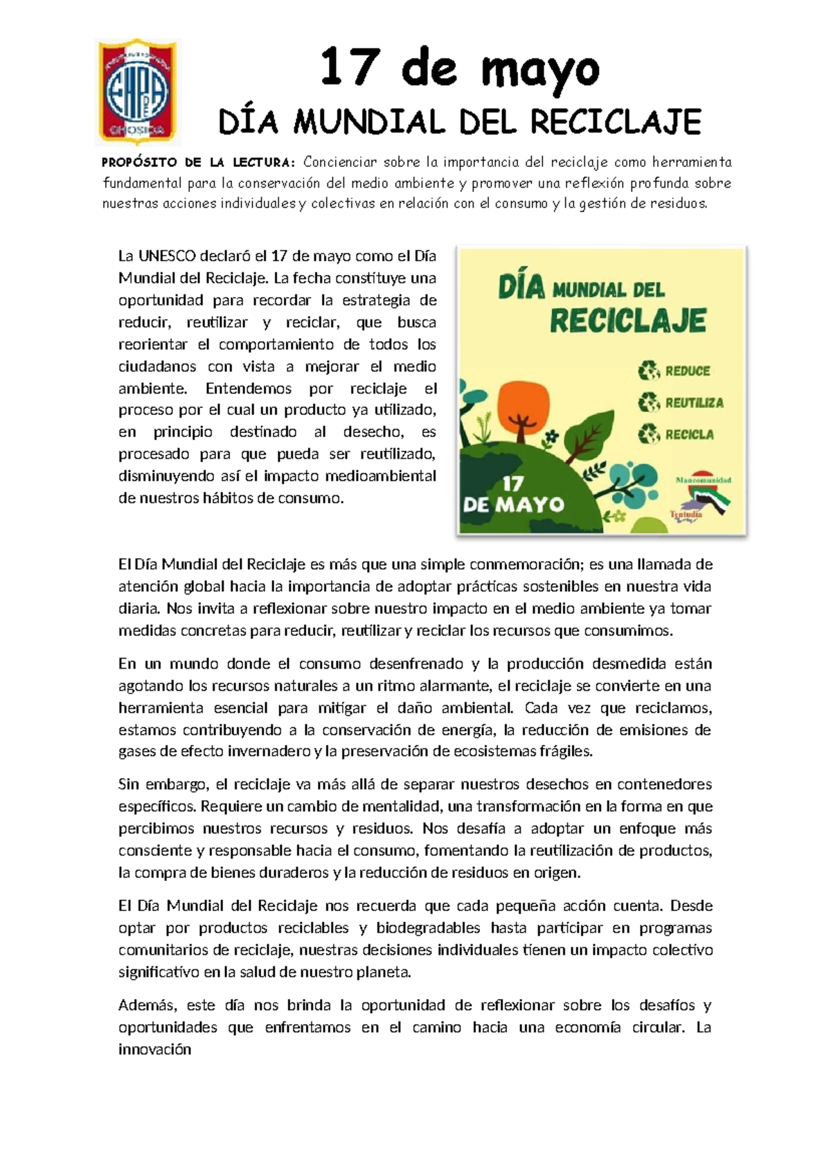 EL DIA Mundial DEL Reciclaje 17 DE MAYO Lectura Reflexiva - PROPÓSITO ...