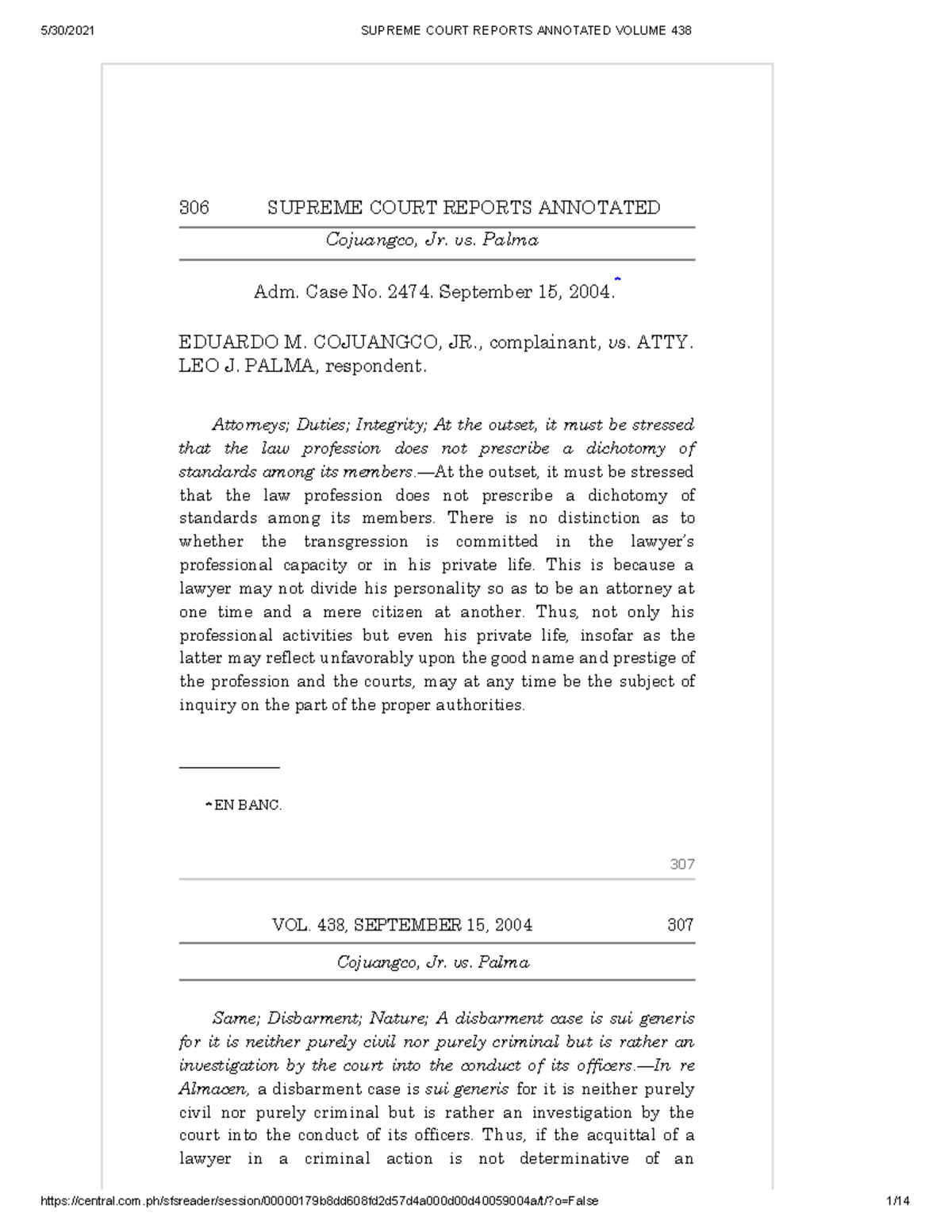 5. Cojuangco, Jr. vs. Palma, 438 SCRA 306, September 15, 2004 - 306 ...
