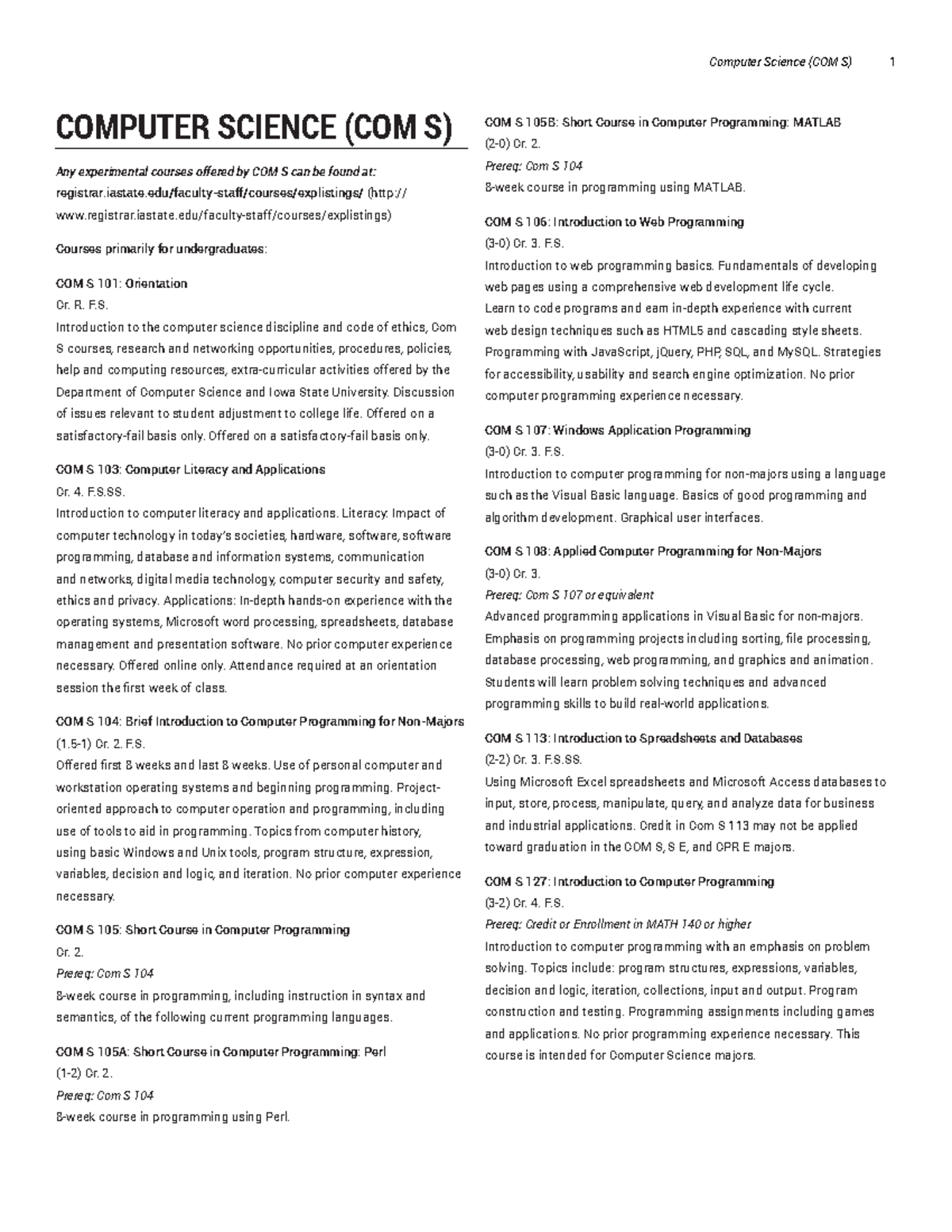 Com s - Summary Applied Computer Programming. - COMPUTER SCIENCE (COM S) Any experimental ...