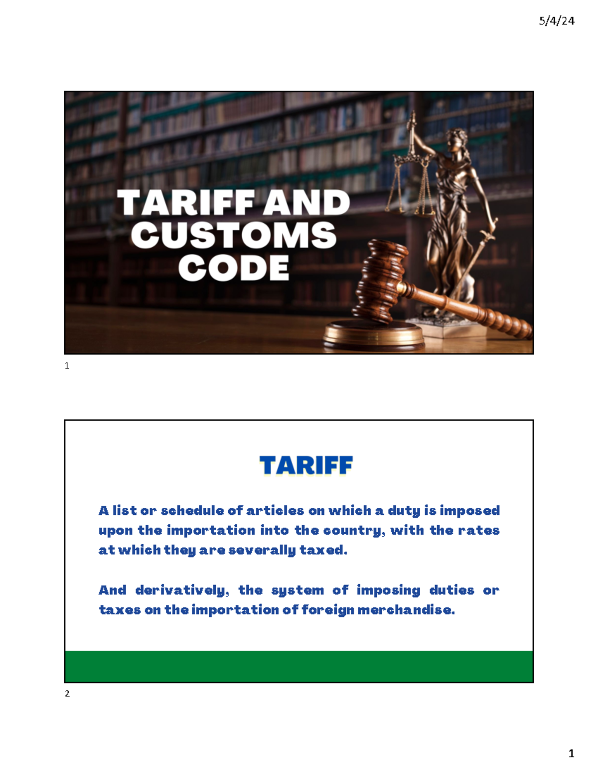 Tariff And Customs Code 1 A List Or Schedule Of Articles On Which A