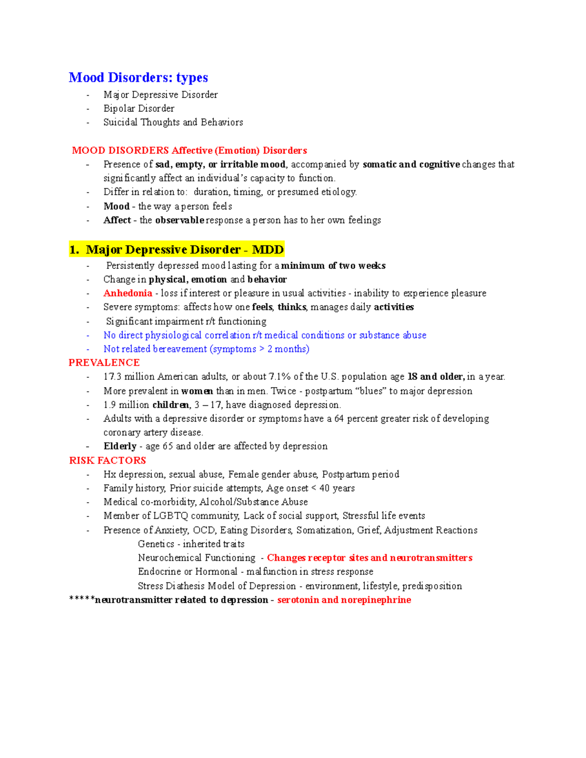 N322 - Mood Disorders MDD - Mood Disorders: types Major Depressive ...