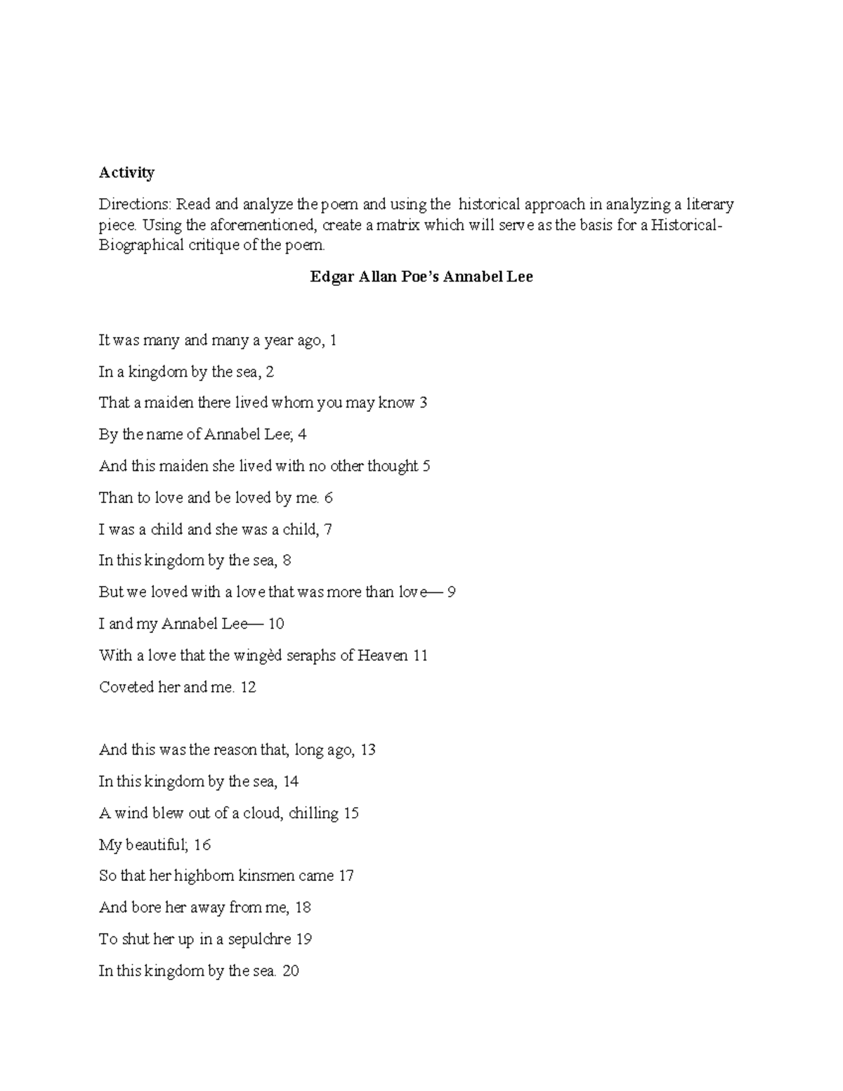 Literary-Criticism - Activity Directions: Read and analyze the poem and ...
