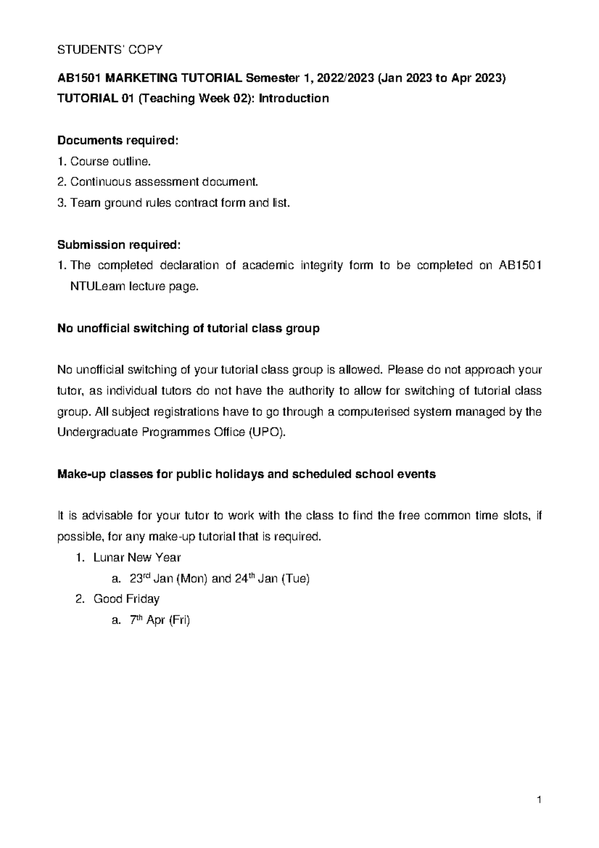 Tutorial Students 2022-2023 Semester 2 - AB1501 MARKETING TUTORIAL ...